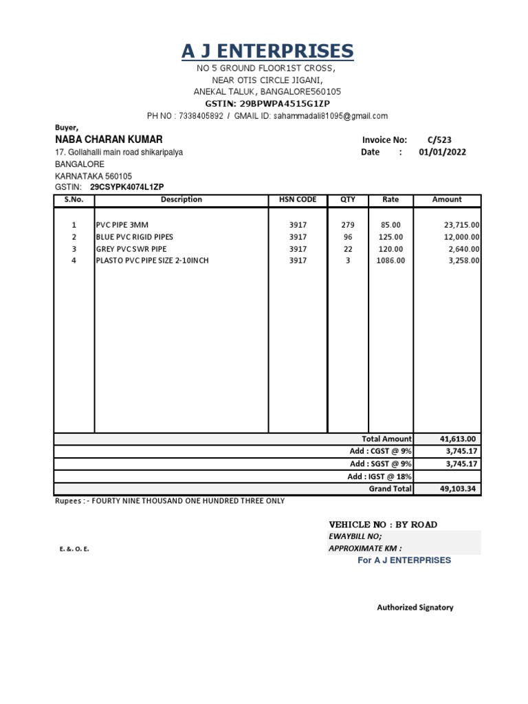 A J Enterprises: C/523 01/01/2022 Naba Charan Kumar Invoice No: Date | PDF