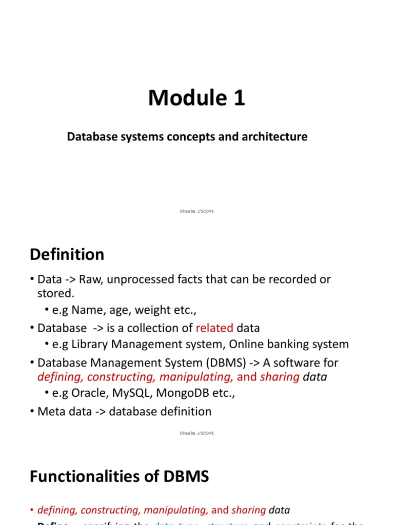 Database Systems Concepts and Architecture: Dheeba. J/SCOPE | PDF ...