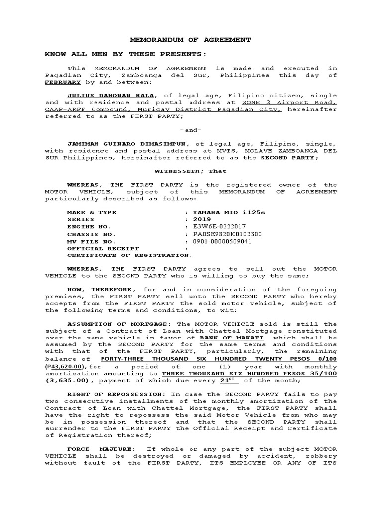 Car Sale Agreement with Assumption Terms | PDF | Repossession | Damages