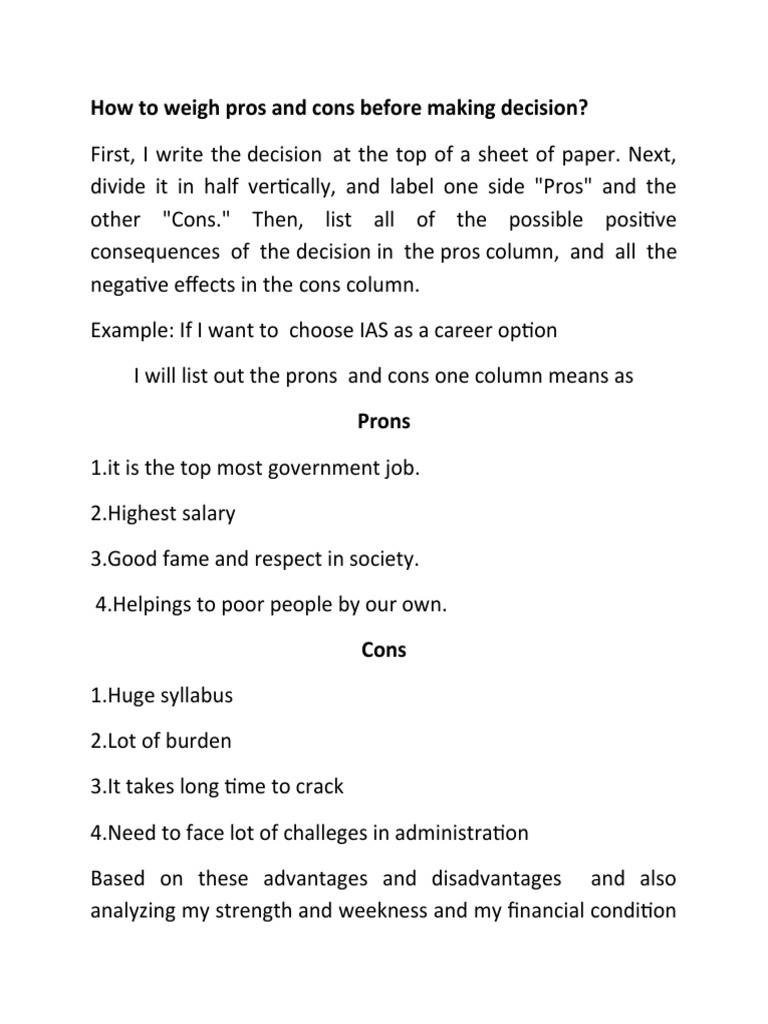 How To Weigh Pros and Cons Before Making Decision | PDF