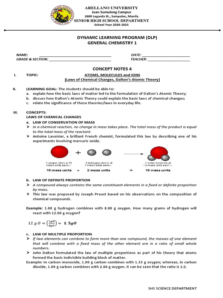 Laws of Chemical Changes, Dalton's Atomic Theory | PDF | Chemistry | Atoms