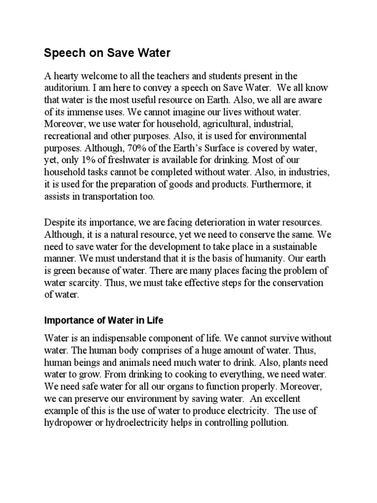 Speech On Save Water | PDF | Water | Water Resources