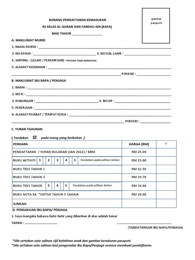 Borang Pendaftaran Kemasukan Kelas Kafa | PDF
