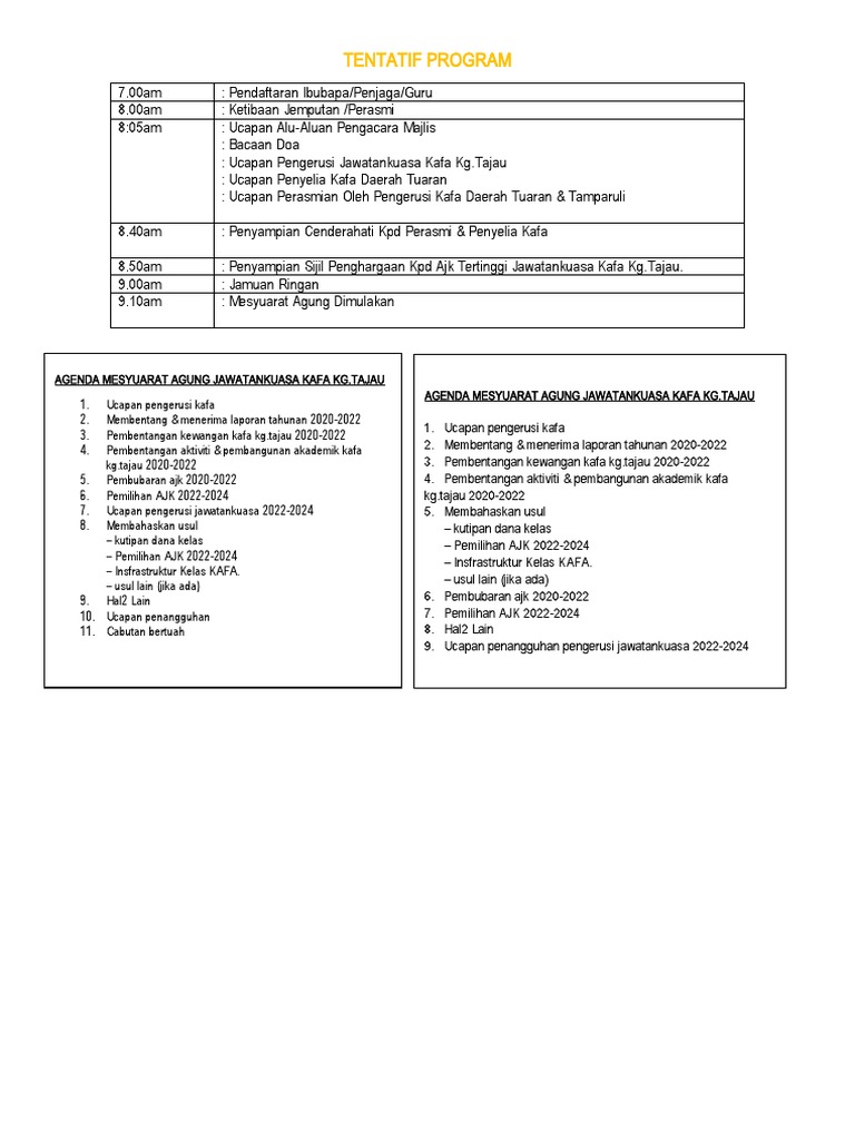 Contoh Tentatif Program / Agenda Mesyuarat | PDF