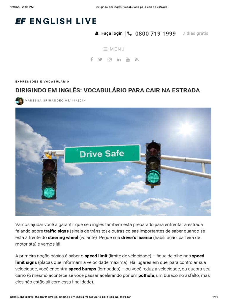 Dirigindo em Inglês - Vocabulário para Cair Na Estrada | PDF ...