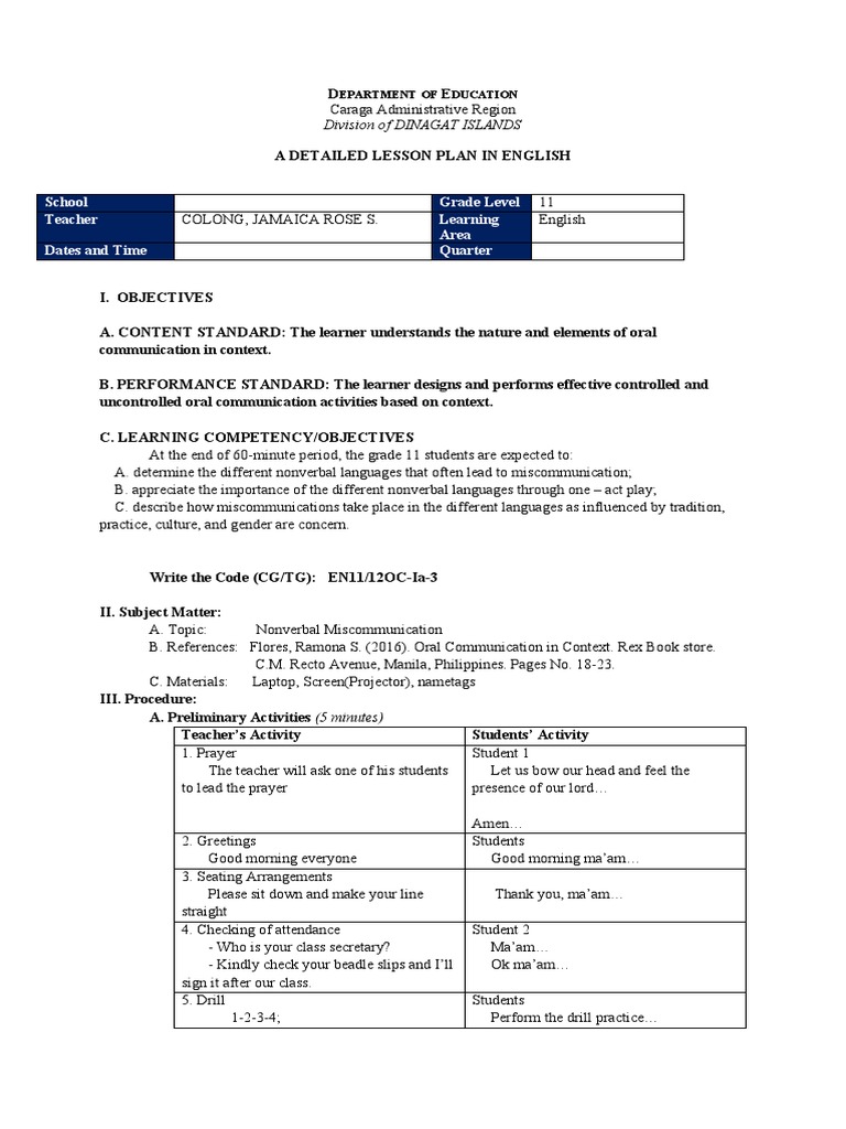 Detailed Lesson Plan | PDF | Nonverbal Communication | Communication