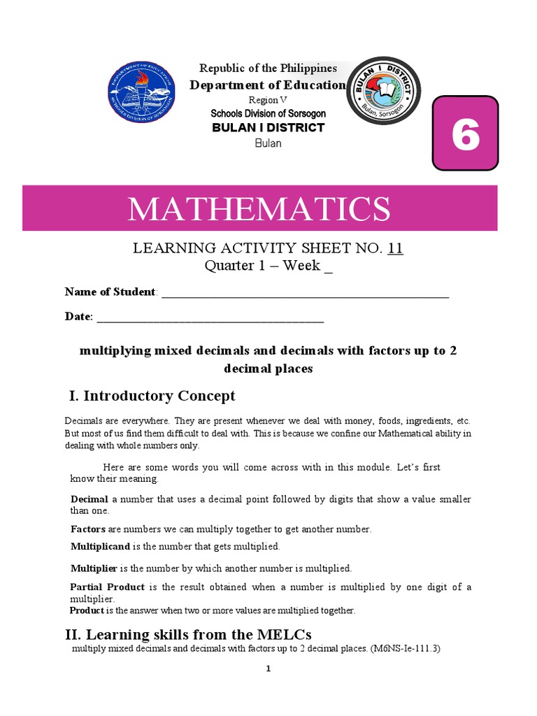 Mathematics: Learning Activity Sheet No. 11 Quarter 1 - Week | PDF ...