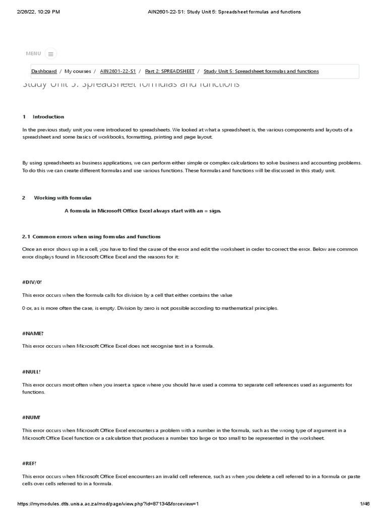 Study Unit 5 - Spreadsheet Formulas and Functions | PDF | Spreadsheet ...