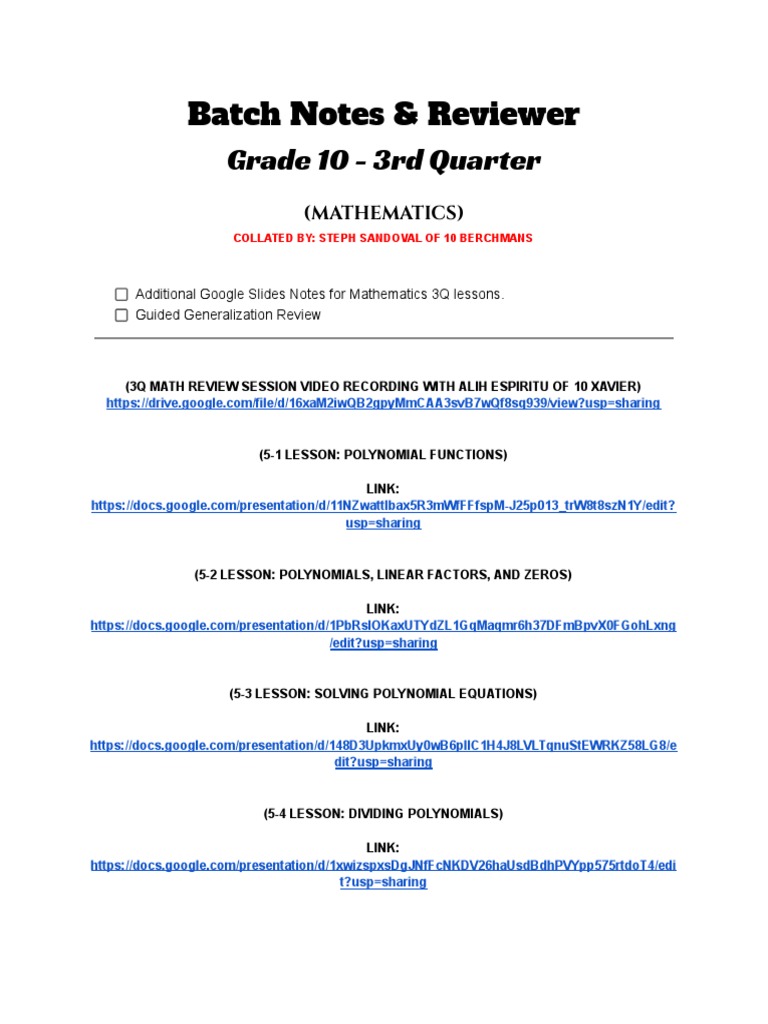 Batch Notes & Reviewer Grade 10 - 3rd Quarter: (Mathematics) | PDF ...