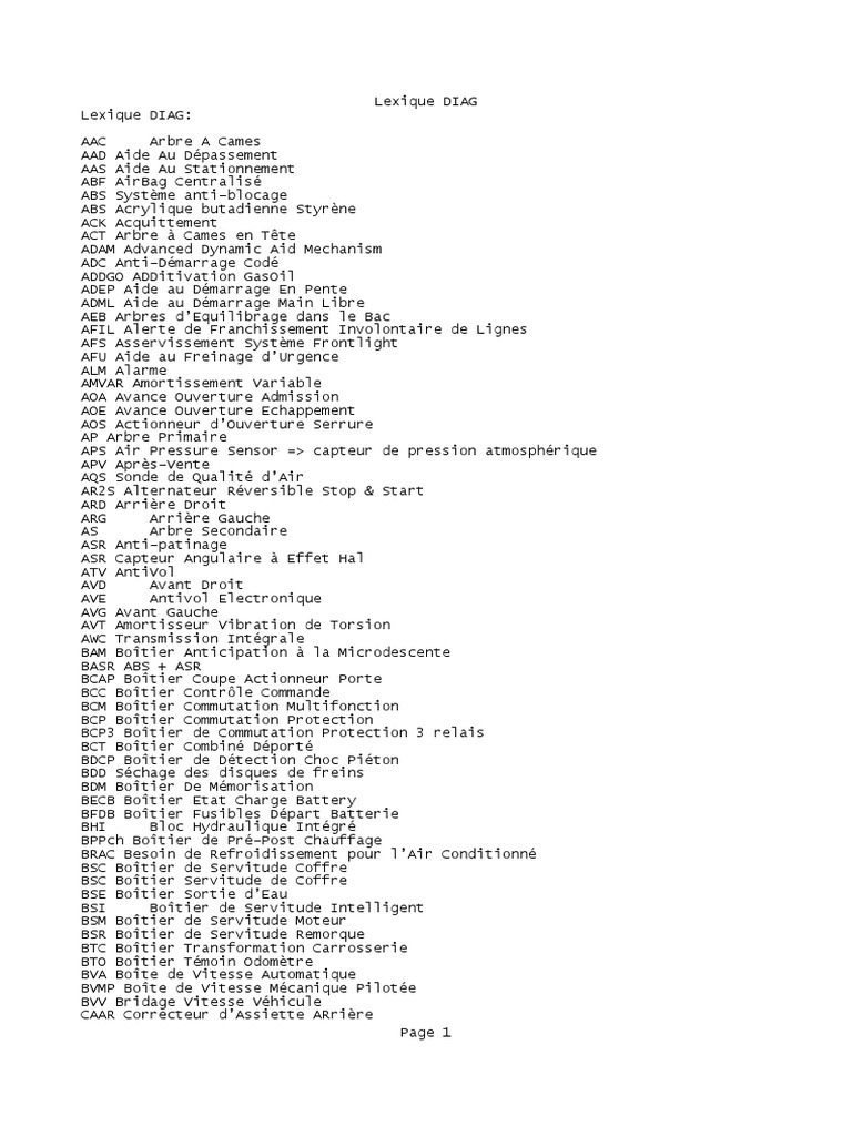 Lexique Diag | PDF | Transmission (Mécanique) | Frein