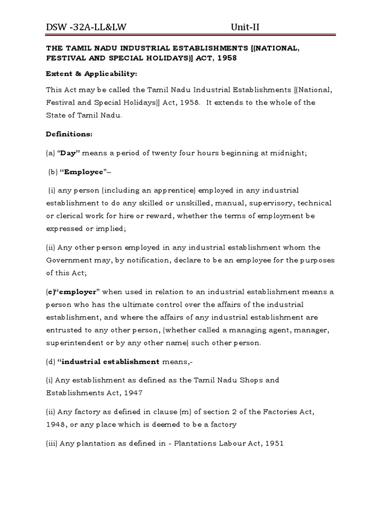 Tamil Nadu National Holidays Act 1958 | PDF | Employment | Wage