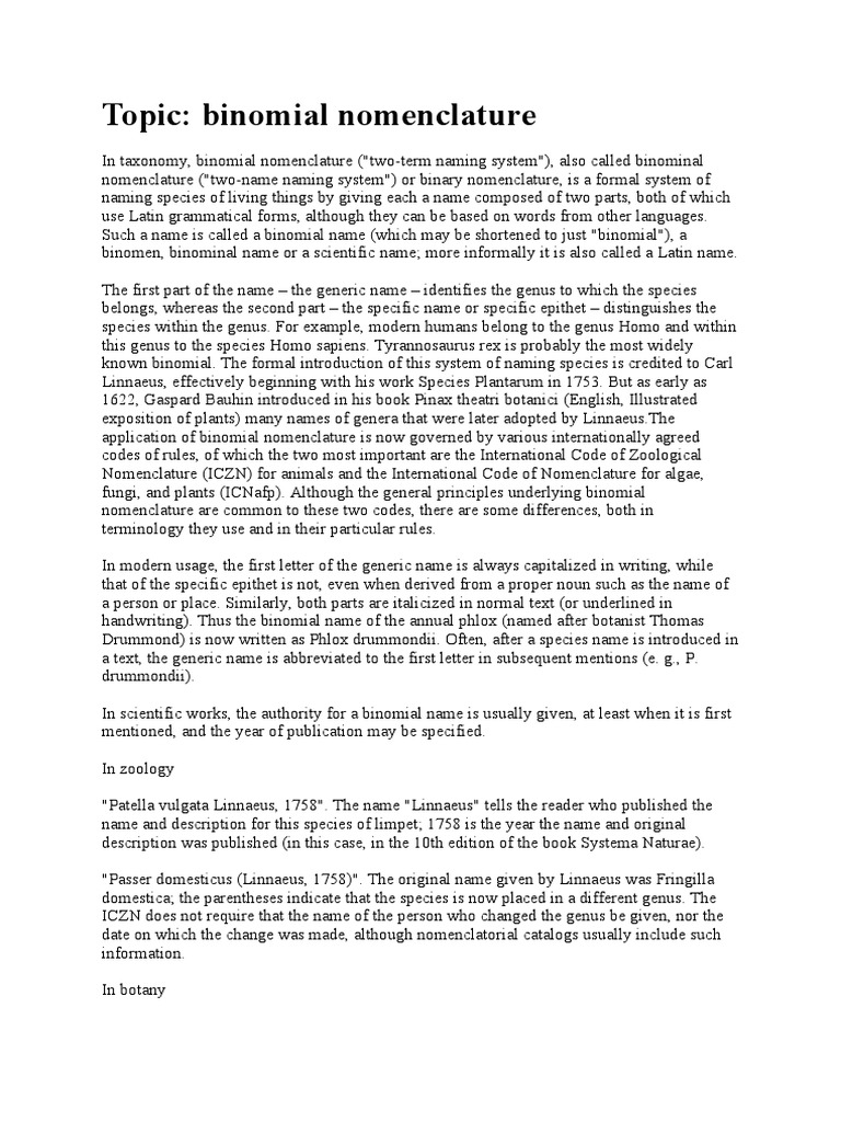 Binomial Nomenclature | PDF | Genus | Grammatical Gender