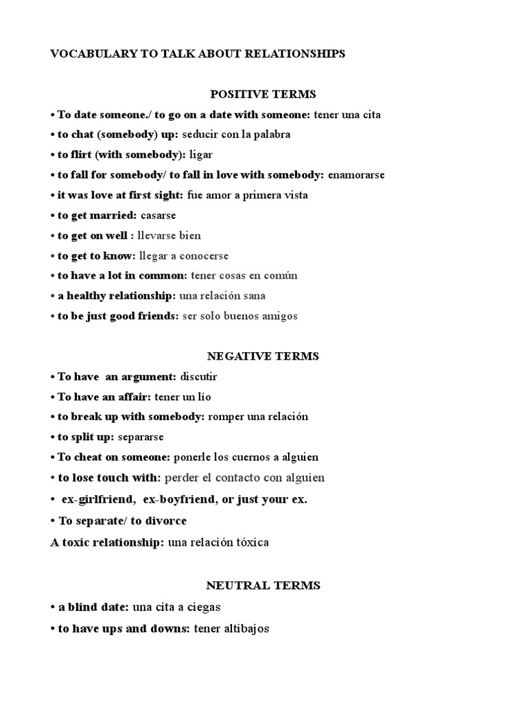 Vocabulary To Talk About Relationships | PDF