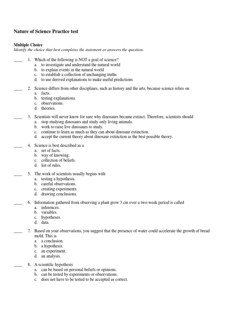 Nature of Science Practice Test: Multiple Choice | PDF | Experiment ...