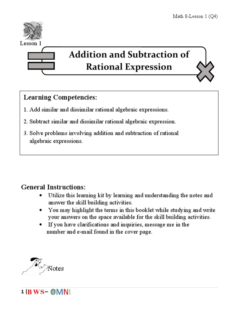 Addition and Subtraction of Rational Expression: Learning Competencies ...