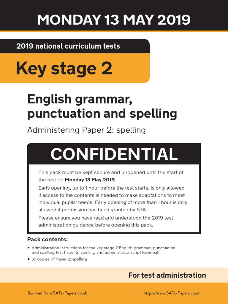 ks2 English 2019 Grammar Punctuation Spelling Paper 2 Spelling Teachers ...