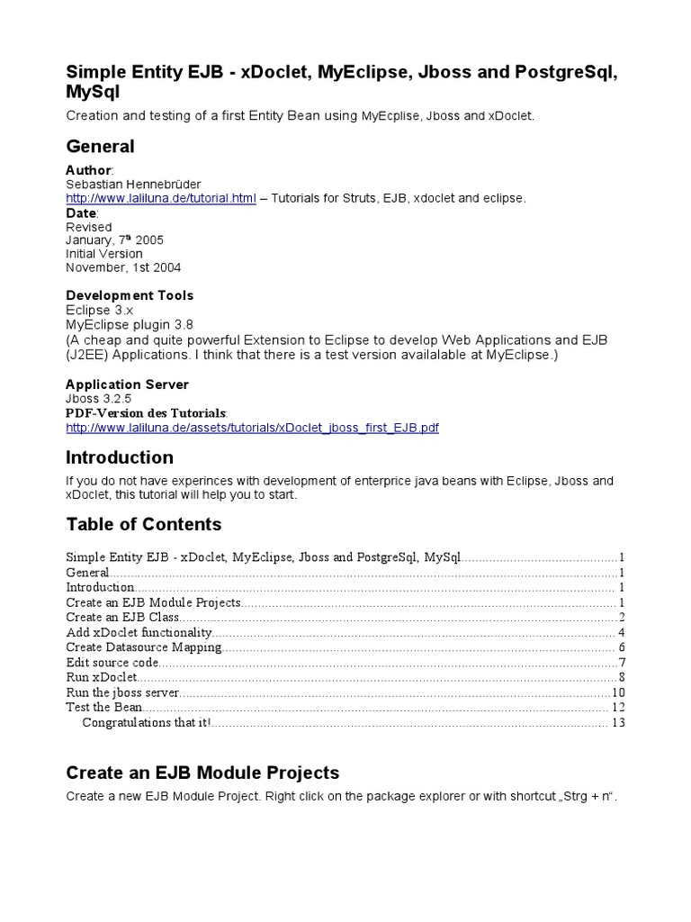 Simple Entity Ejb - Xdoclet, Myeclipse, Jboss and Postgresql, Mysql General | PDF | Postgre Sql ...