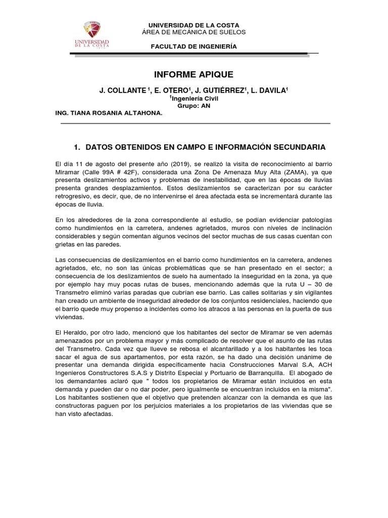 Informe 1. Apique | PDF | Mecánica de suelos | Ciencias de la Tierra