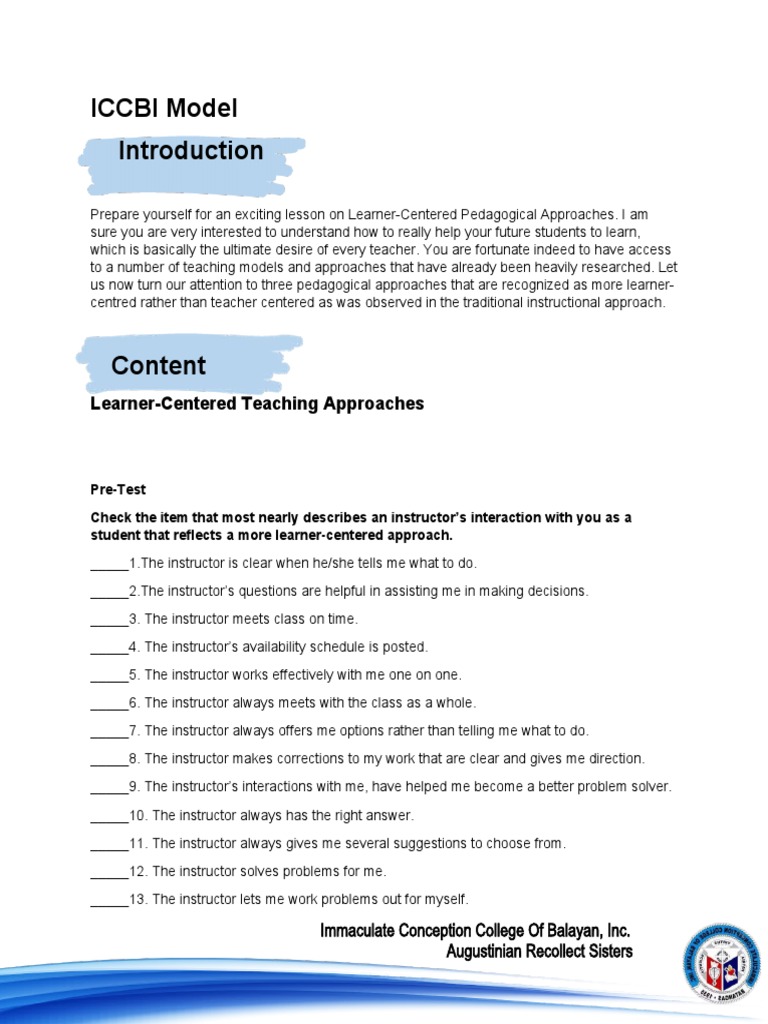 ICCBI Model: Learner-Centered Teaching Approaches | PDF | Differentiated Instruction | Learning