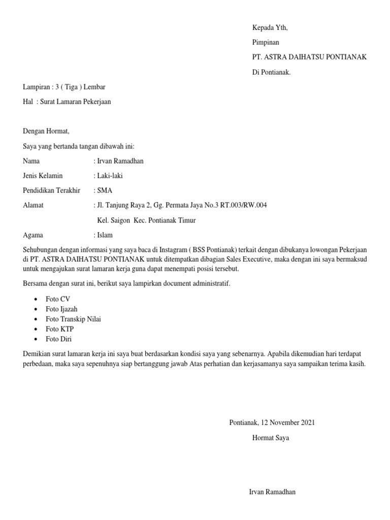 Surat Lamaran Kerja PT. ASTRA DAIHATSU PONTIANAK (Irvan Ramadhan) | PDF