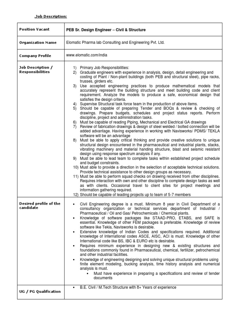 PEB Sr. Design Engineer - Civil & Structure: .Job Description | PDF ...