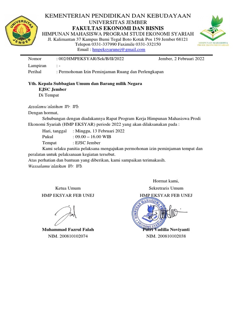 002 Surat Peminjaman Gedung EJCS | PDF