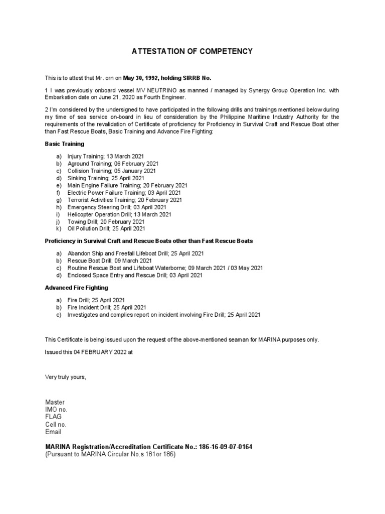 Attesting to Drills and Training Completed for Revalidation of ...