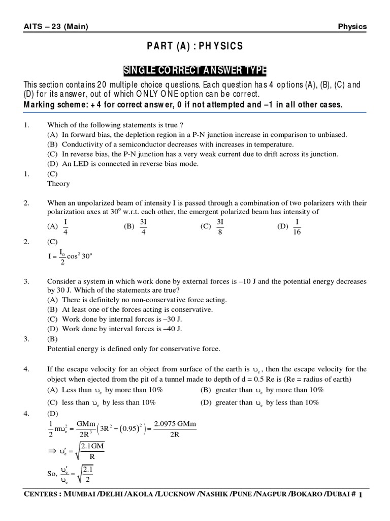 AITS 23 MAIN SHIFT 1 (2019-21) (DT. 13-03-2021) Question Paper and ...