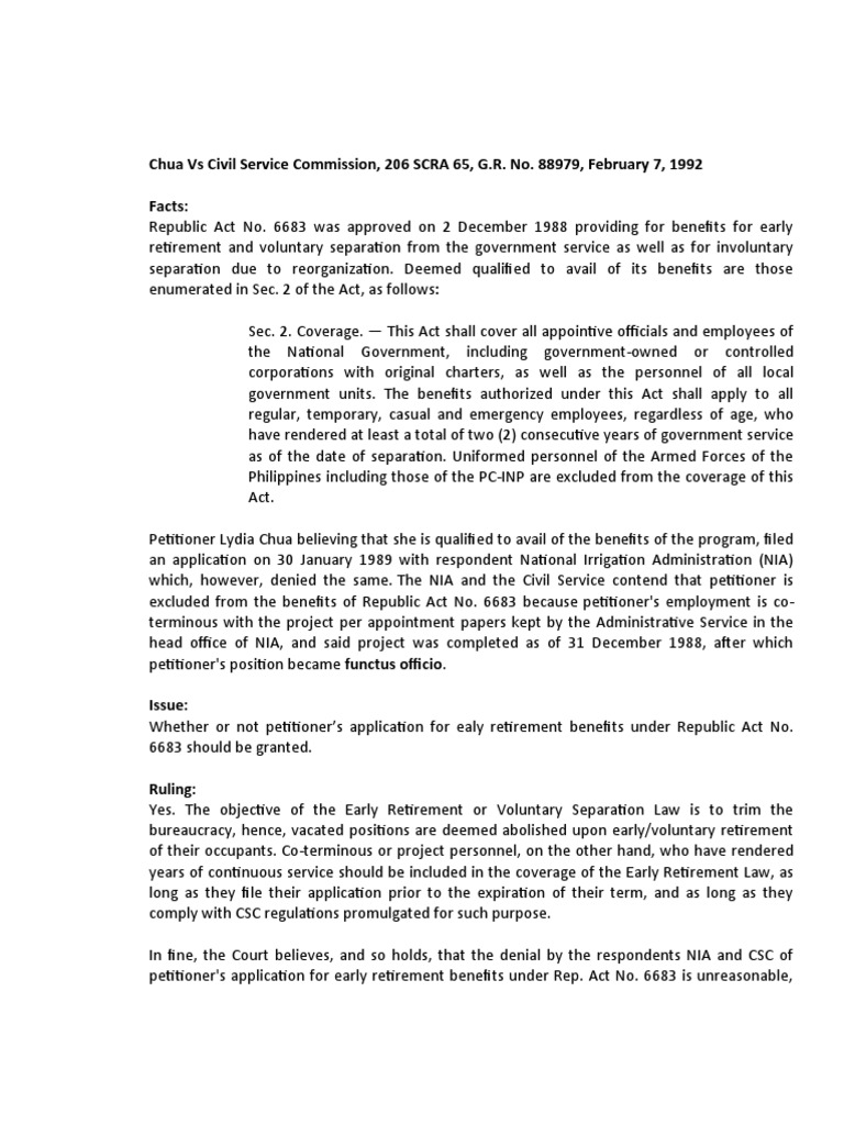 Chua Vs Civil Service Commission, 206 SCRA 65, G.R. No. 88979, February ...