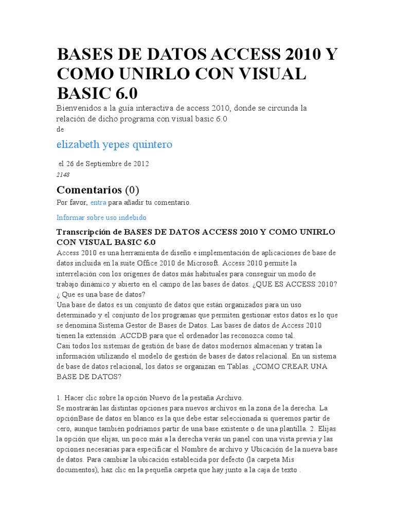 Bases de Datos Access 2010 y Como Unirlo Con Visual Basic 6 | PDF | Bases de datos | Active X ...
