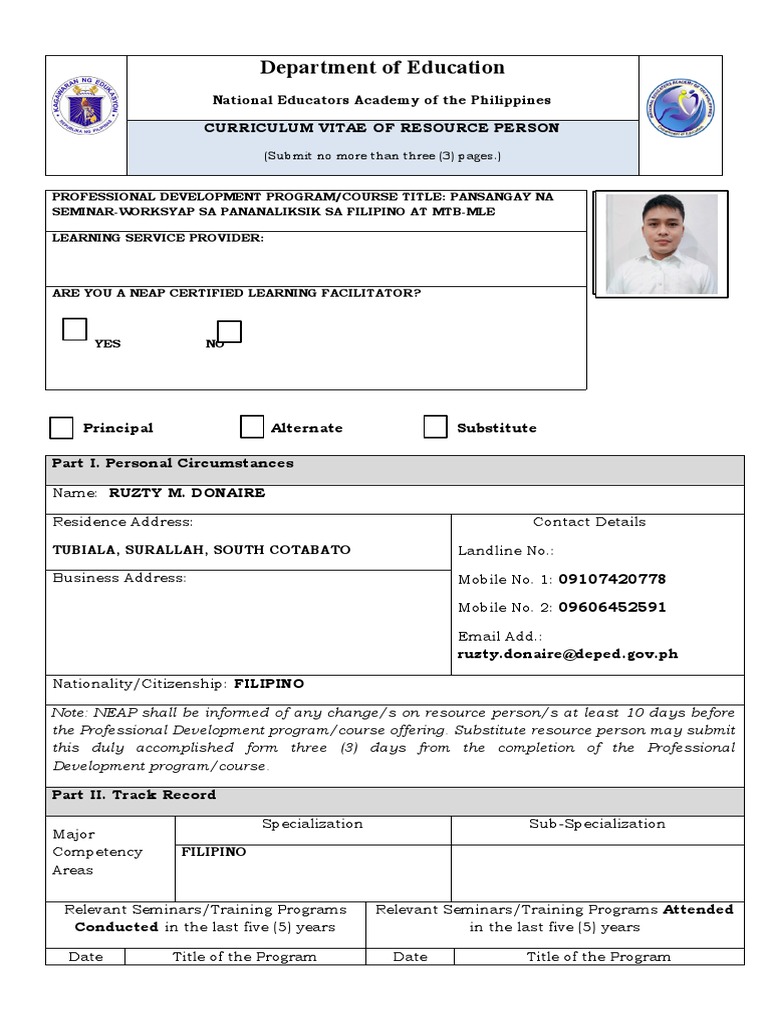 Department of Education: Curriculum Vitae of Resource Person | PDF ...