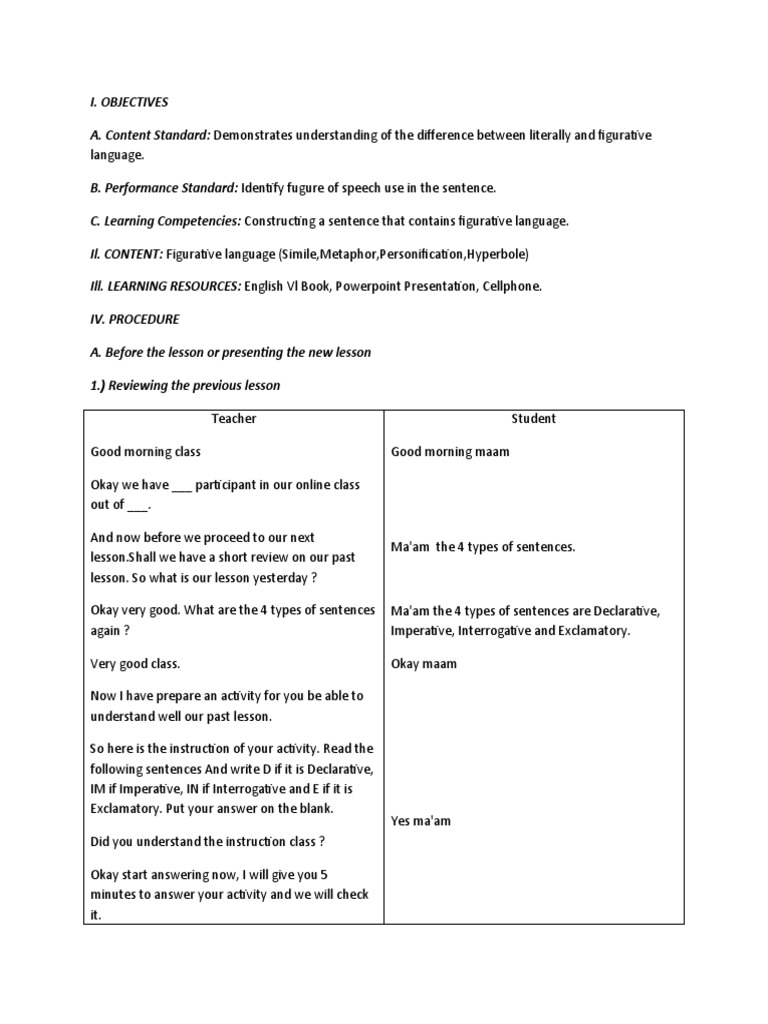 Detailed Lesson Plan | PDF | Metaphor | Linguistics