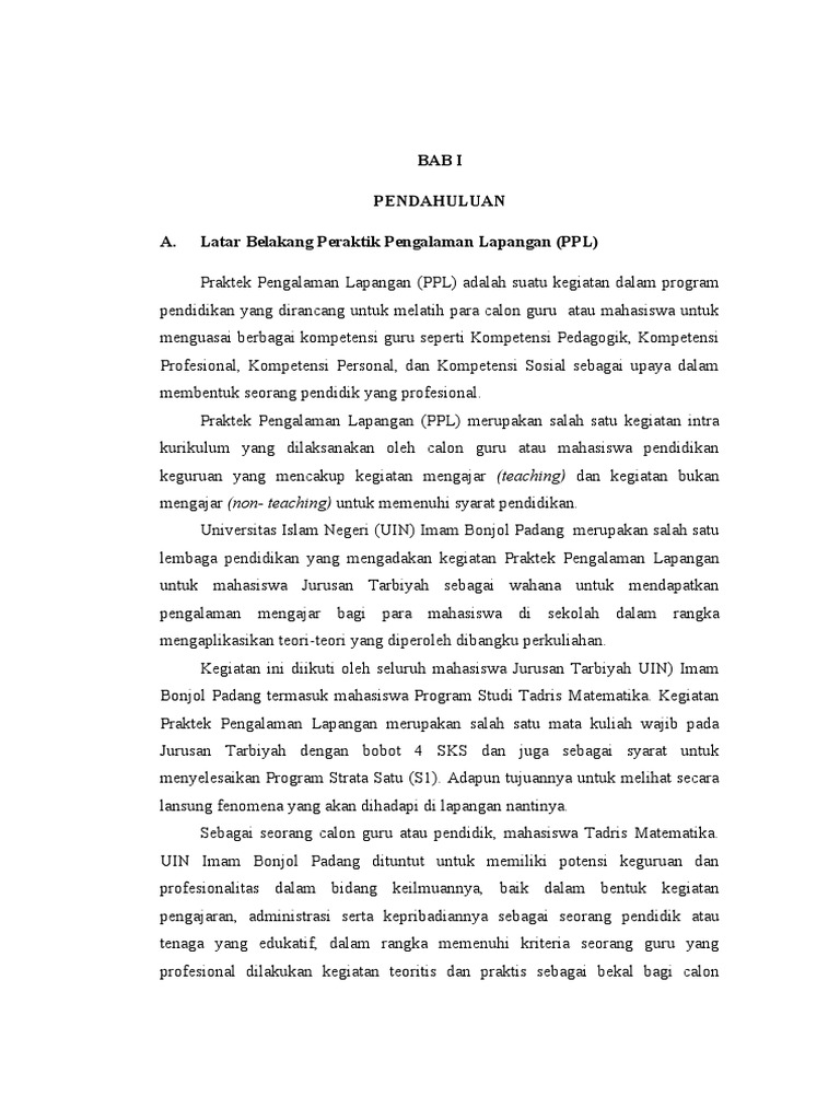Bab I Pendahuluan A. Latar Belakang Peraktik Pengalaman Lapangan (PPL) | PDF