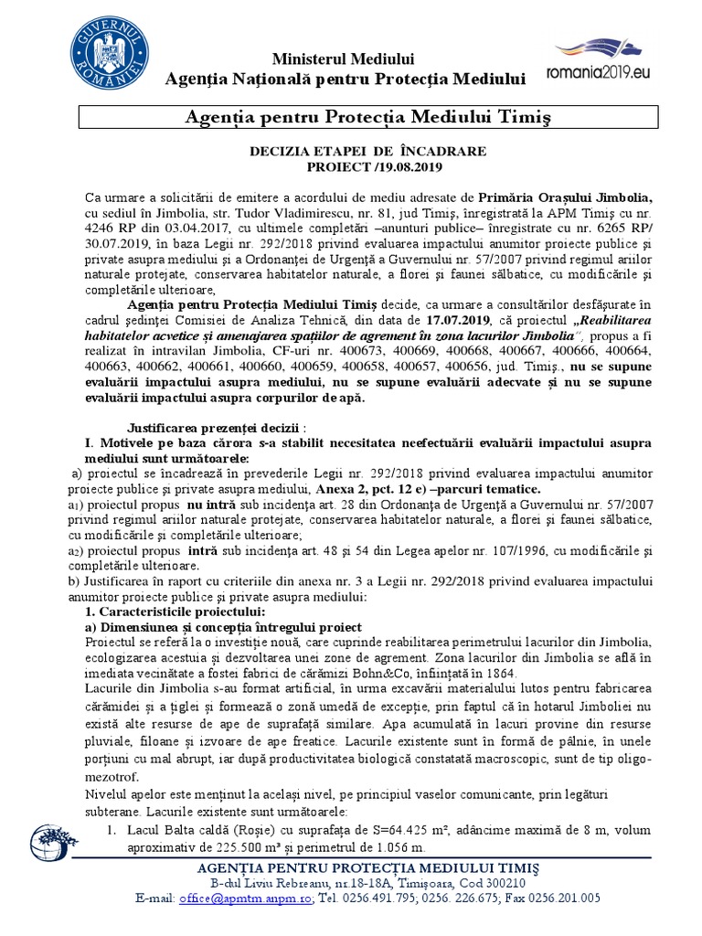 Proiect Decizie Incadrare Din 19.08.2019 PRIMARIA JIMBOLIA | PDF