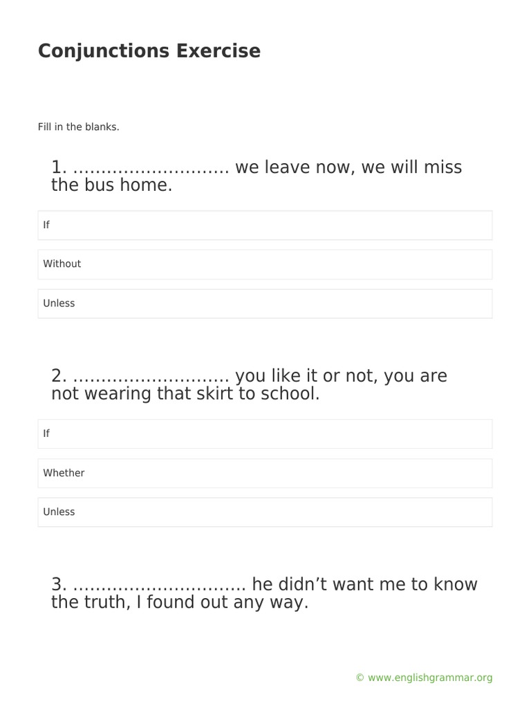 Conjunctions Exercise Fill in the Blanks | PDF