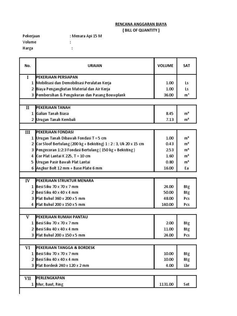 Bill of Quantity Menara Api | PDF | Griya & Taman