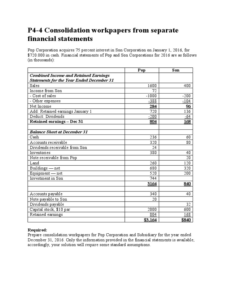 P4-4 Consolidation Workpapers From Separate Financial Statements | PDF ...