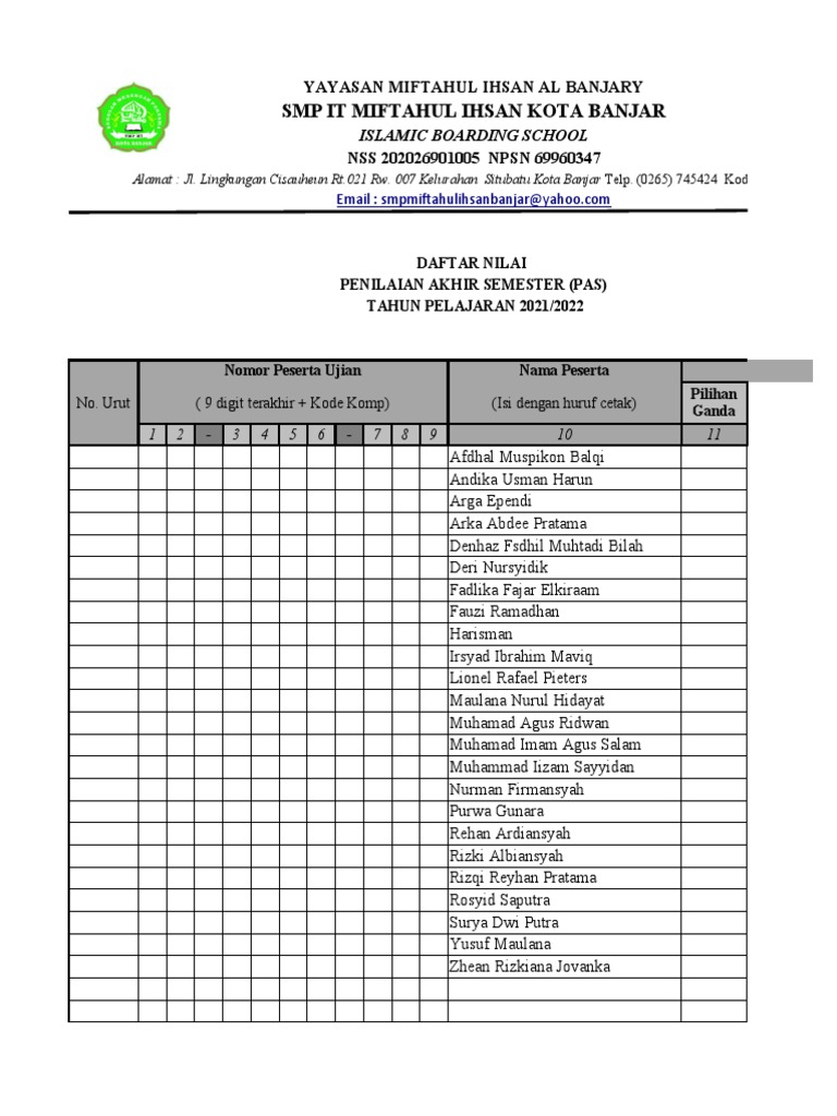 Format Daftar Nilai Pas 2021 Pdf