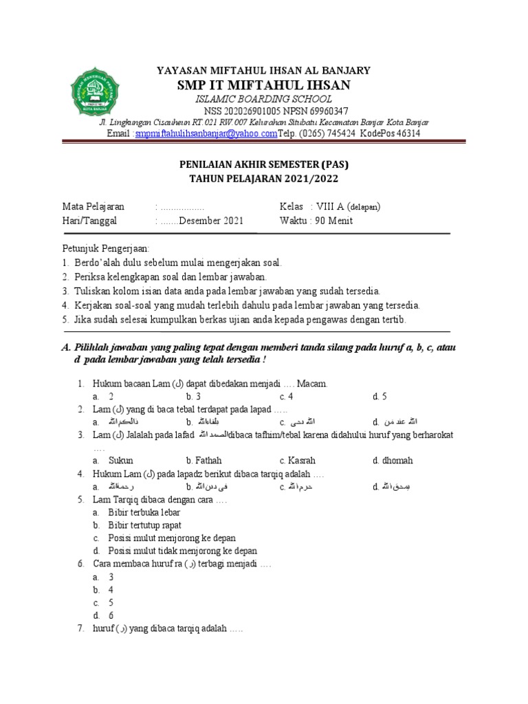 Penilaian Akhir Semester SMP IT Miftahul Ihsan | PDF | Agama & Spiritualitas