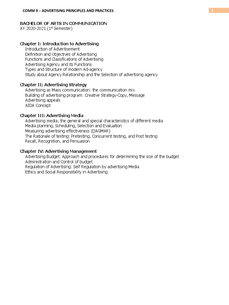Comm 9 - Advertising Principles and Practices Bachelor of Arts in ...