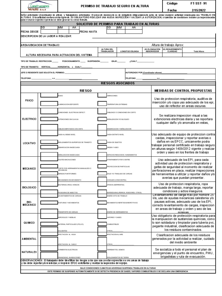 F - SST - 91 Formato Permiso Tsa Construcciones Masu Sas | PDF ...
