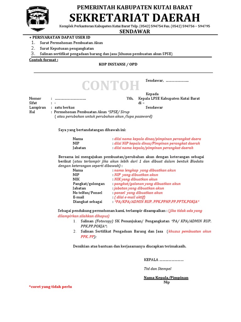 Contoh Surat Permohonan Akun SPSE | PDF