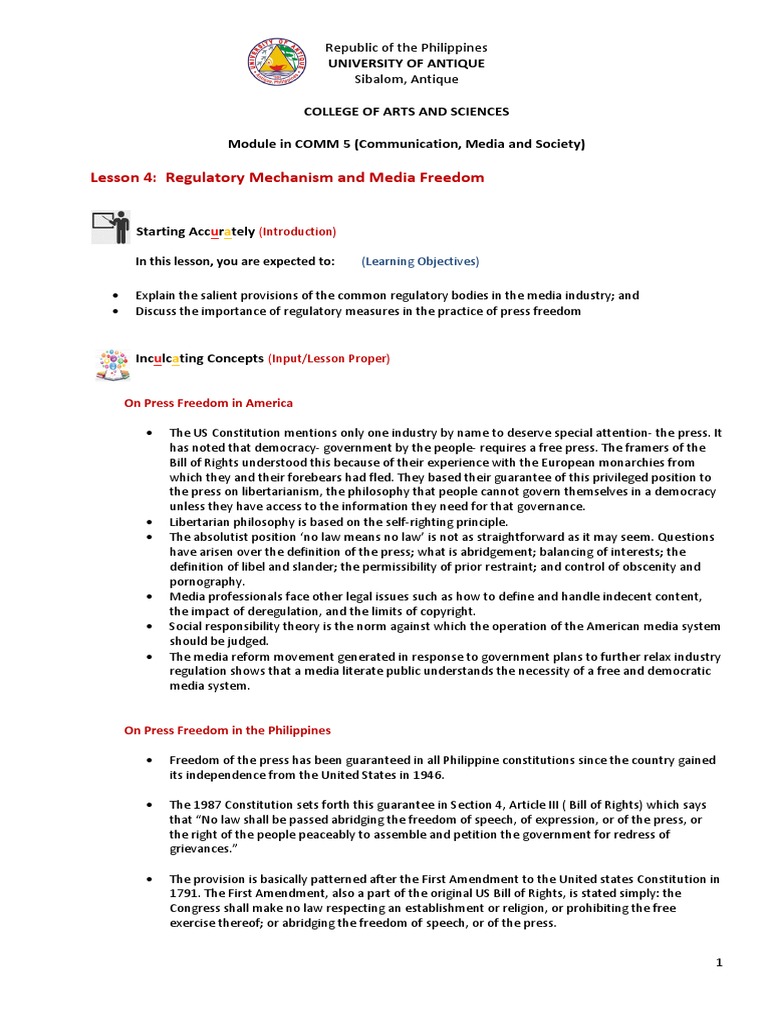 Comm 5 Lesson 4 | PDF | Freedom Of The Press | First Amendment To The ...
