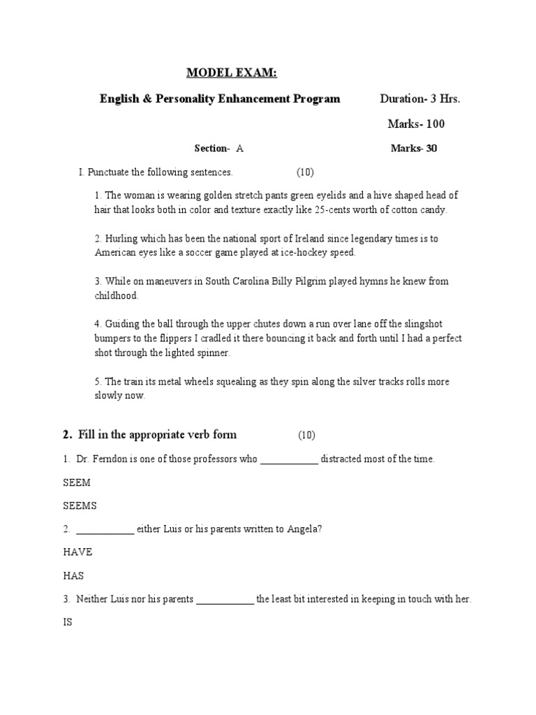 Marks-100: Model Exam: English & Personality Enhancement Program ...