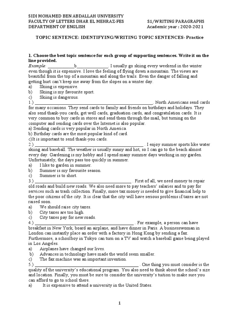 Topic Sentence: Identifying/Writing Topic Sentences-Practice | PDF ...