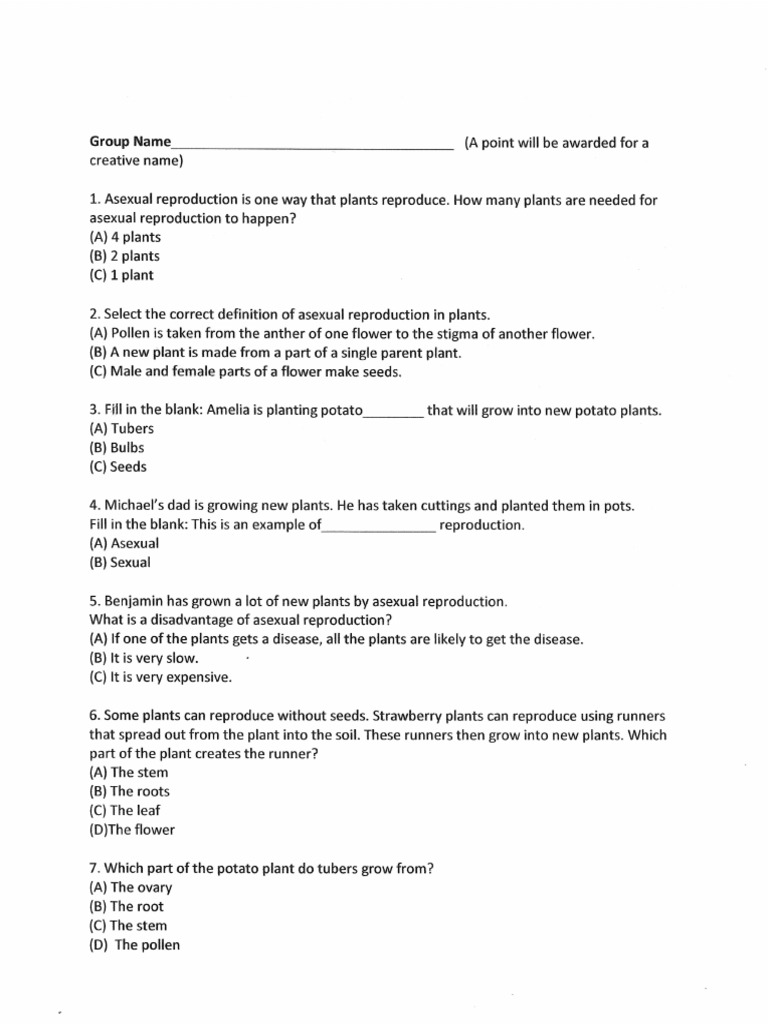 Bio Test On Asexual Reproduction in Plants | PDF