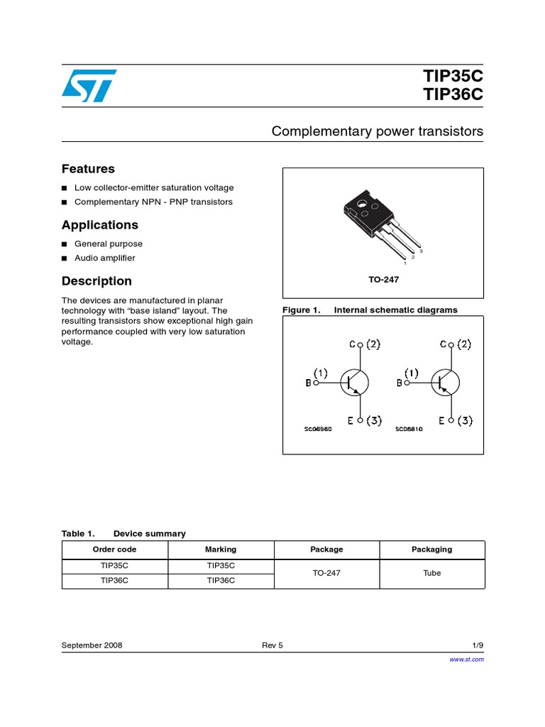 TIP35C TIP36C: Complementary Power Transistors | PDF | Bipolar Junction Transistor | Transistor