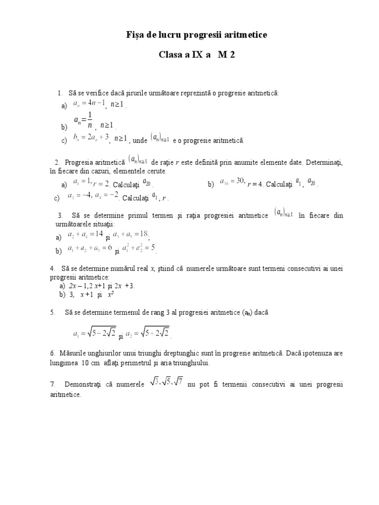 Fisa de Lucru Progresii Aritmetice | PDF