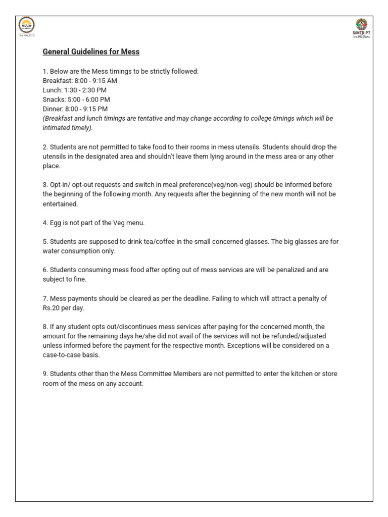 Guidelines For Mess | PDF | Lunch | Meal