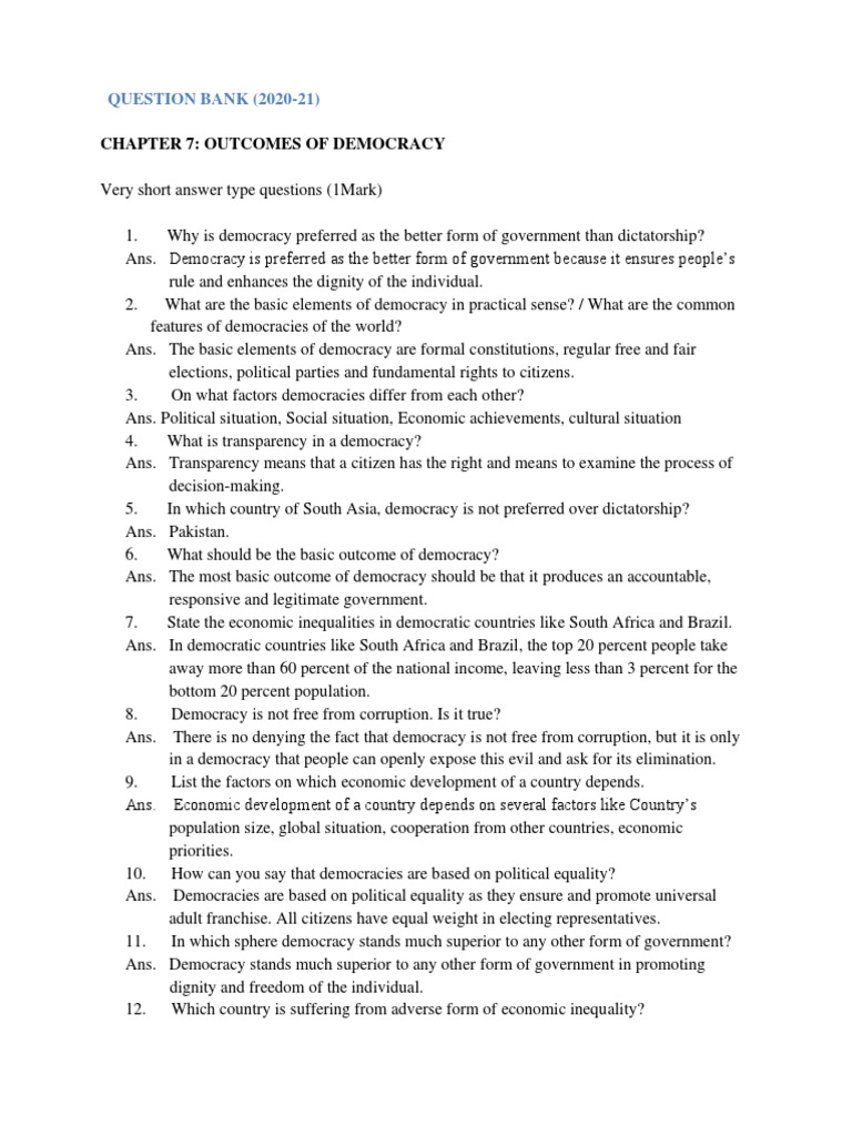 Question Bank CH 7 Outcomes of Democracy | Download Free PDF ...